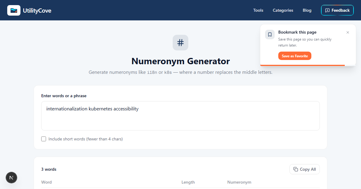 Numeronym Generator — UtilityCove | Free Online Tool